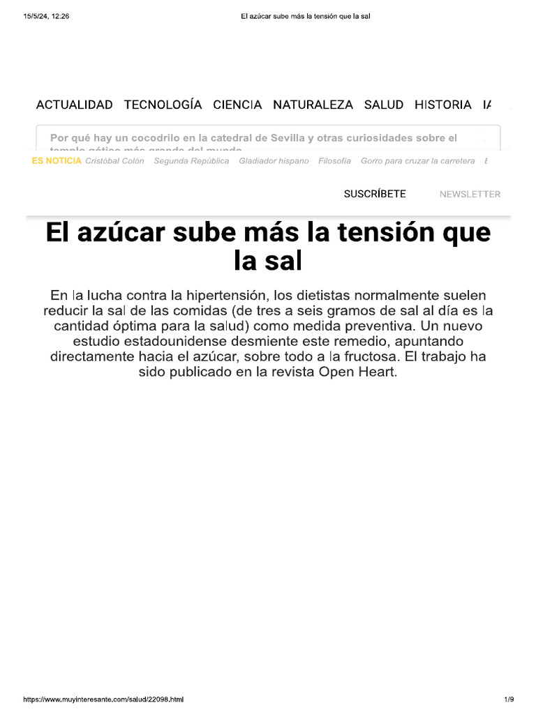 Artículo - El Azúcar Sube Más La Tensión Que La Sal | PDF