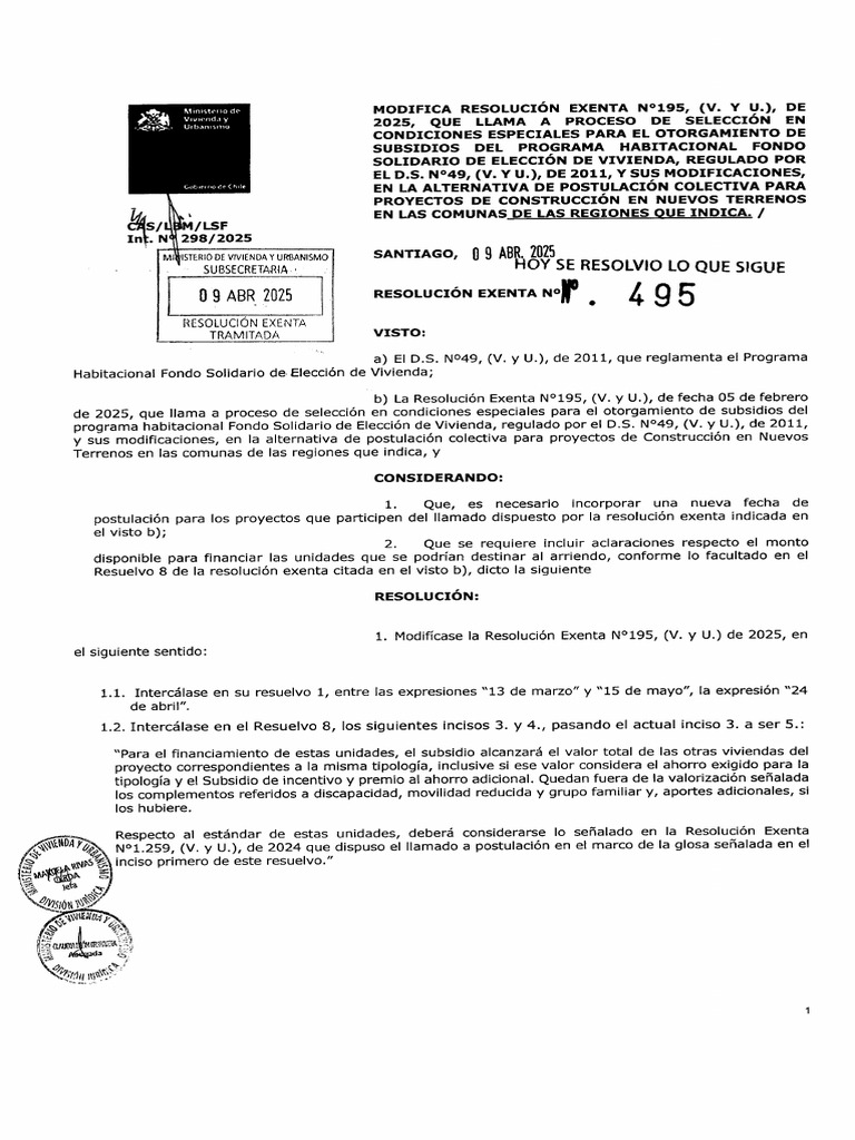 Res Ex 495 - Modifica Res. Exenta N°195 | PDF