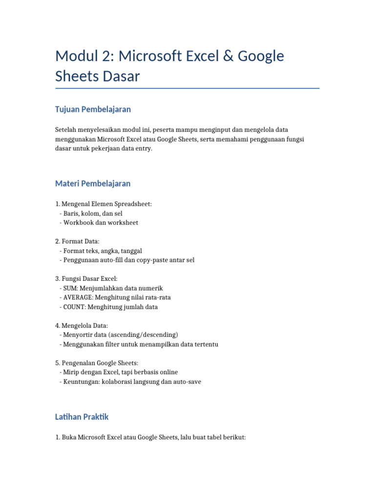 Belajar Data Entry dengan Excel & Sheets | PDF