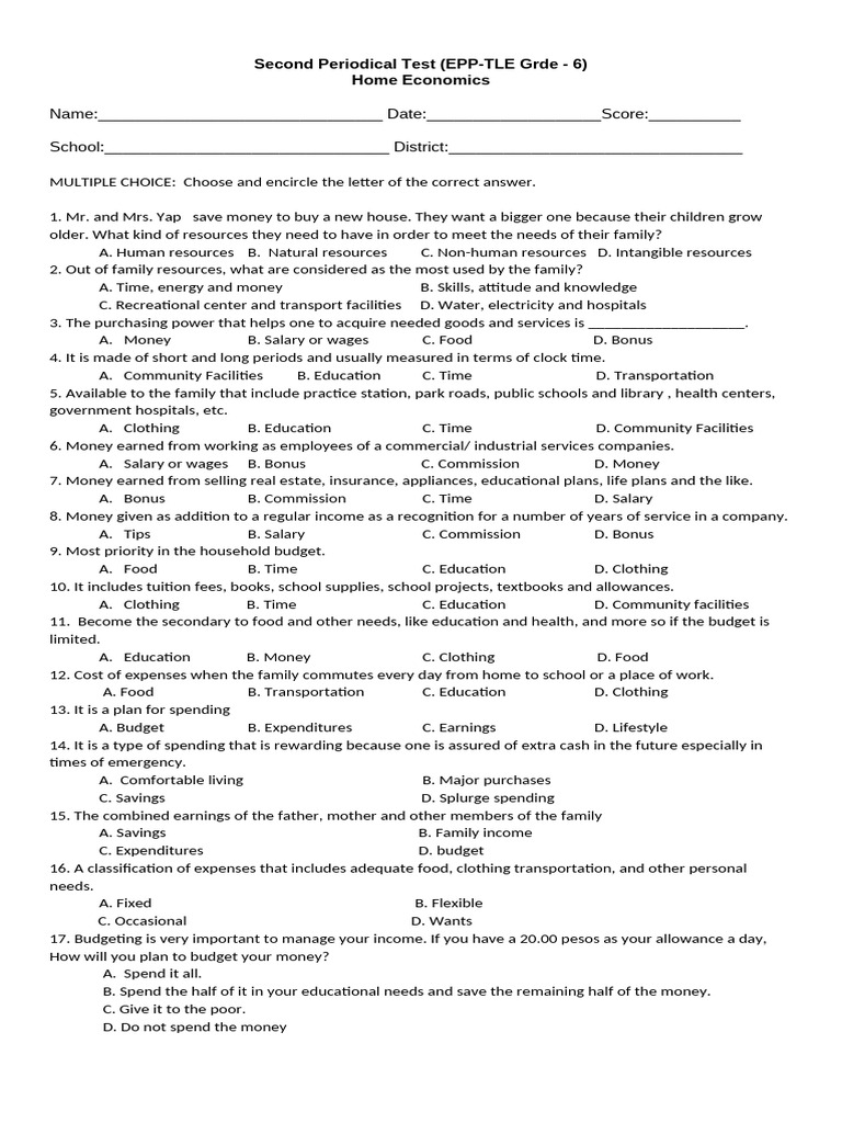 Grade 6 Home Economics Test Questions | PDF | Sewing | Pickling