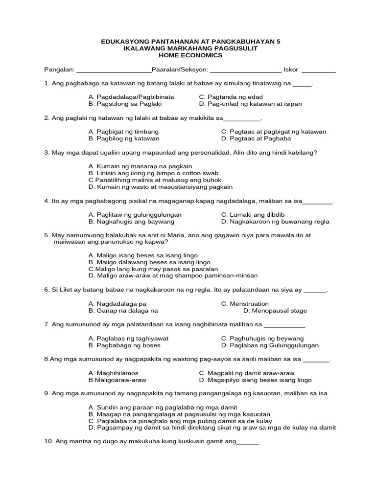 HOME ECONOMICS 5 Test Questions | PDF