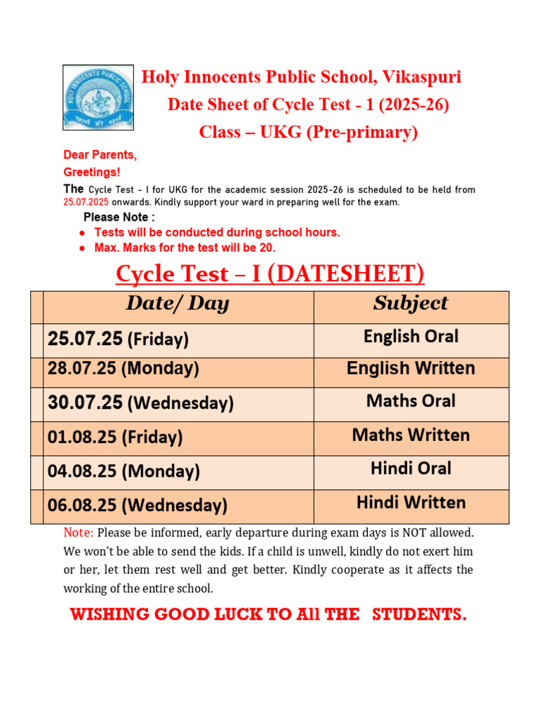 Ukg Date Sheet | PDF