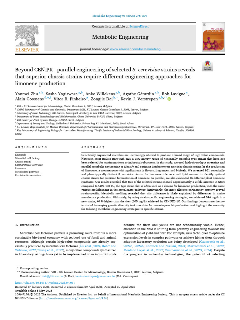 Beyond CEN PK Parallel Engineering of Selected S Cerevisiae 2025 Metabol | PDF | Yeast | Gas ...