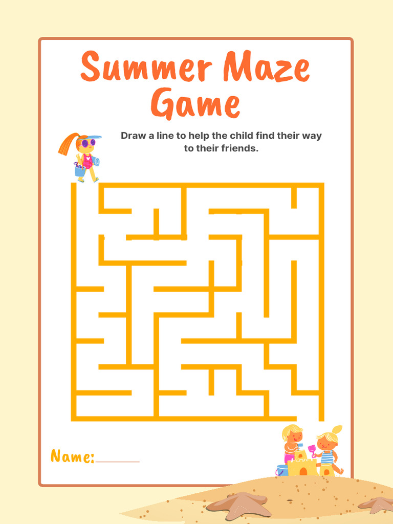Orange and Blue Fun Summer Maze Game Worksheet | PDF