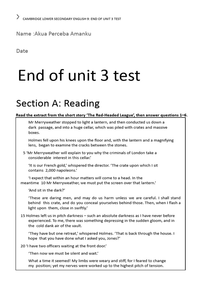 End of Unit 3 Test: Detective Skills | PDF