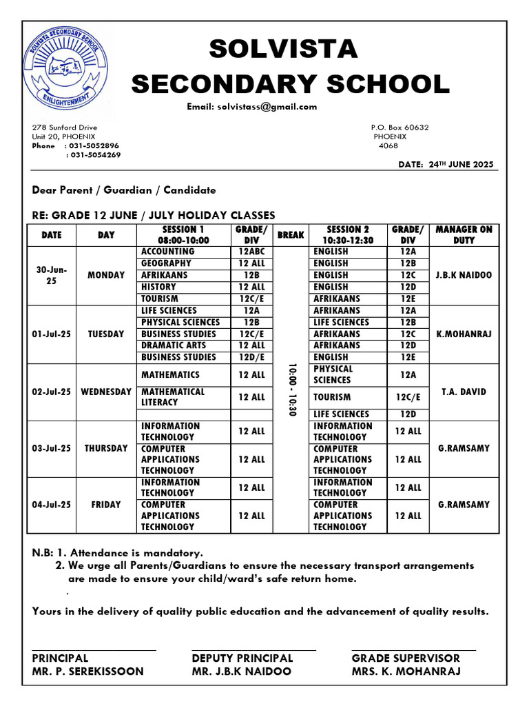 Grade 12 Holiday Classes Schedule | PDF