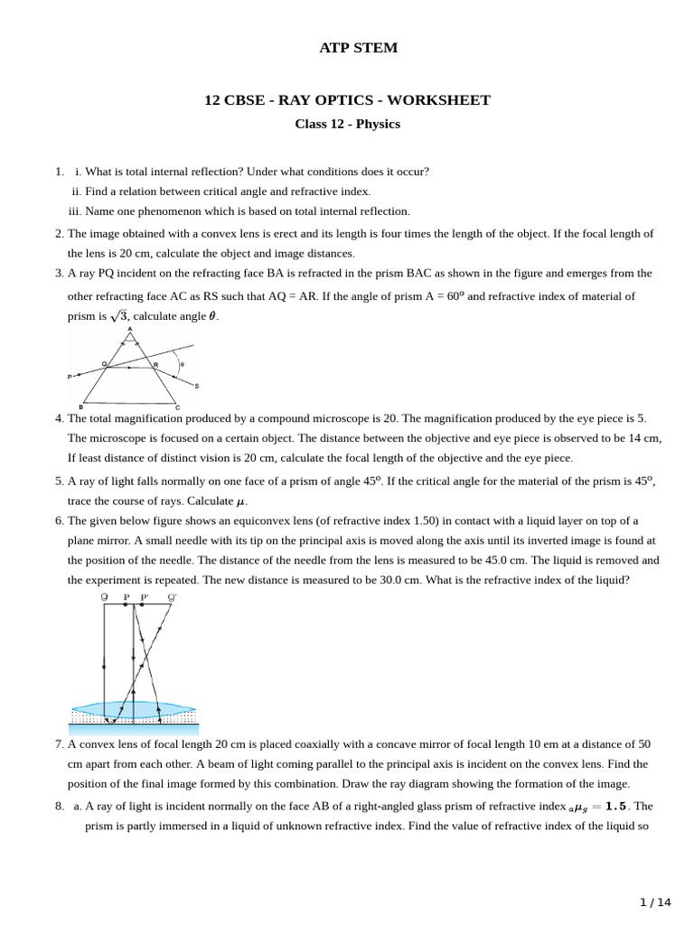 12 CBSE - Ray Optics - Worksheet | PDF | Optics | Refractive Index