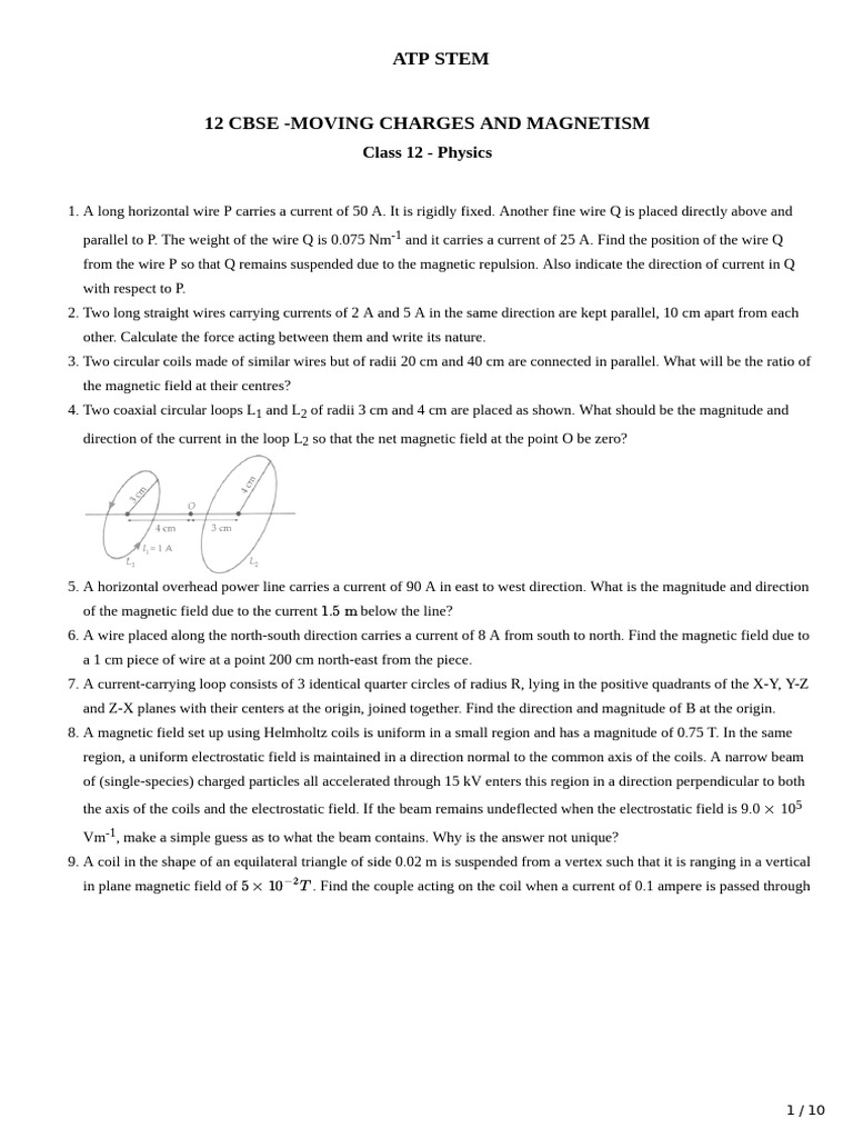 Class 12 Moving Charges & Magnetism Worksheet | PDF | Magnetic Field ...