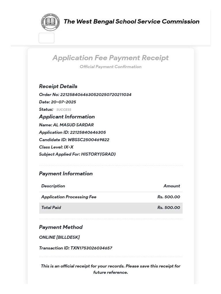 WBSSC - Fees Payment Receipt | PDF