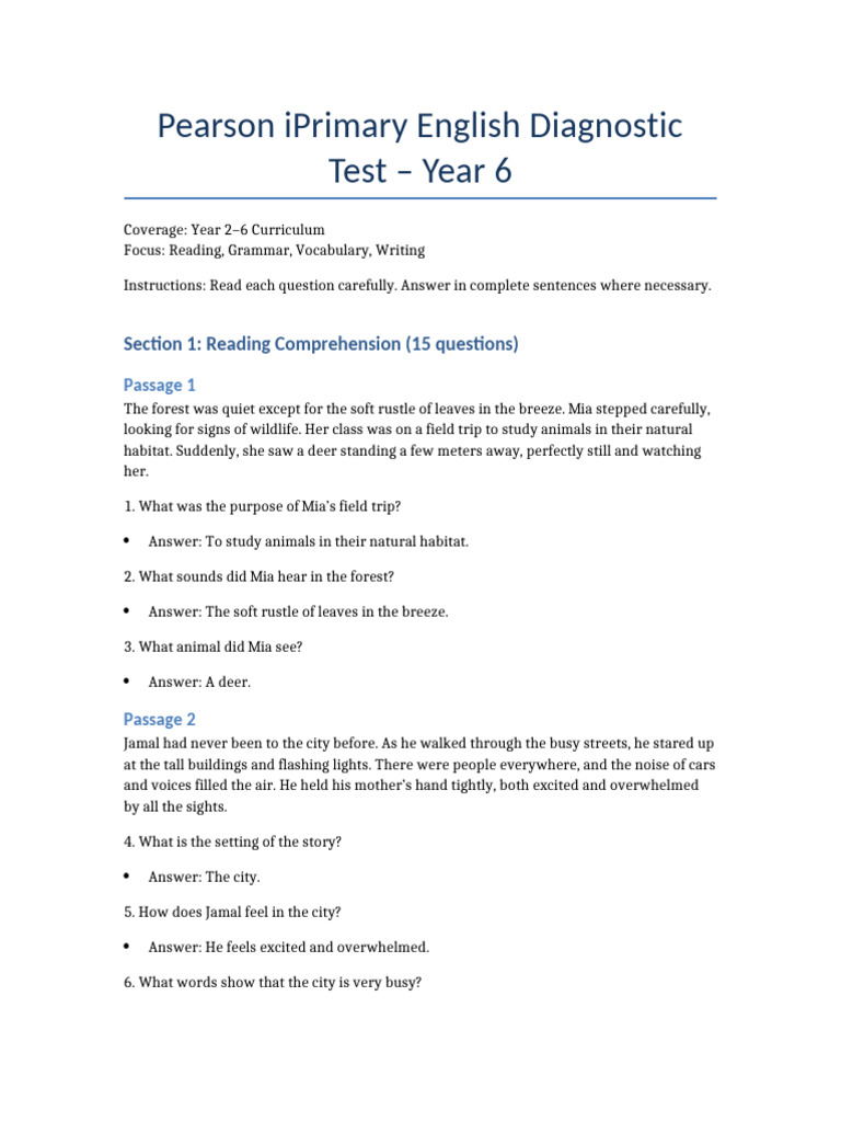 English Diagnostic Test for Year 6 | PDF | Verb | Syntax