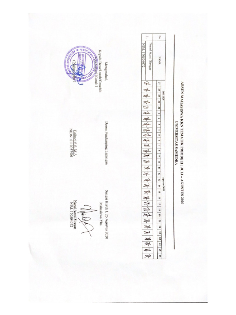 Absensi Mahasiswa KKN A.N Nurul Azmi Siregar | PDF