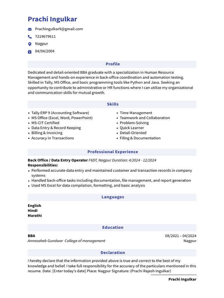 Prachi Ingulkar FlowCV Resume 20250721 | PDF | Microsoft Excel | Information Technology