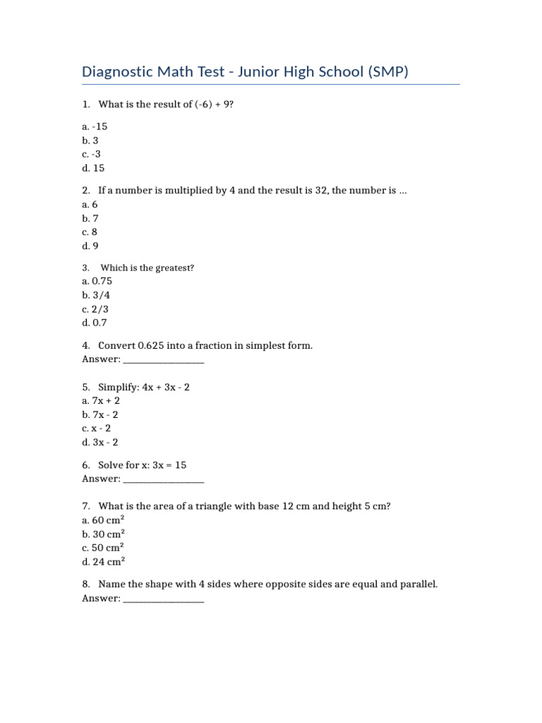 Diagnostic Math Test SMP English | PDF