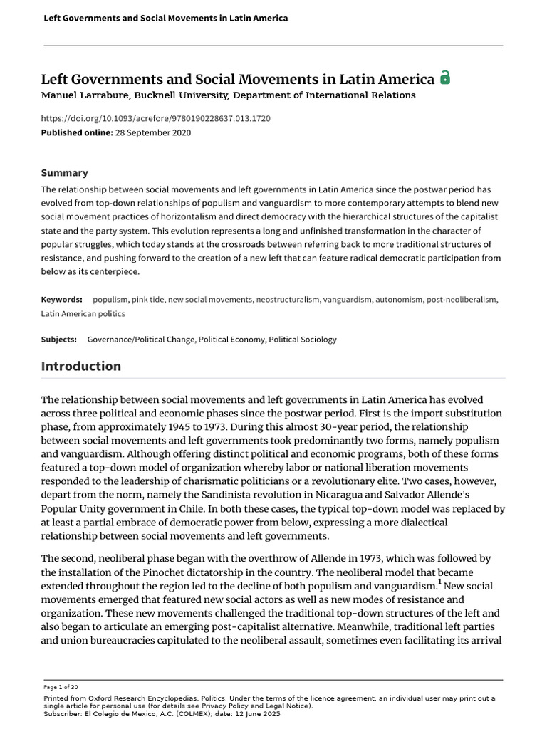 Left Goverments and Social Movements in Latin America | PDF ...