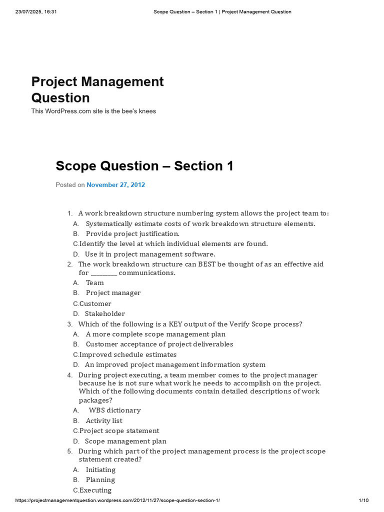 Scope Question - Section 1 - Project Management Question | PDF ...