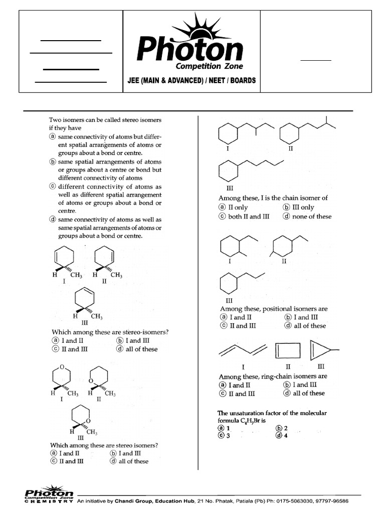 Isomerism Practice Sheet for 10+2 | PDF | Chess Theory | Chess Openings