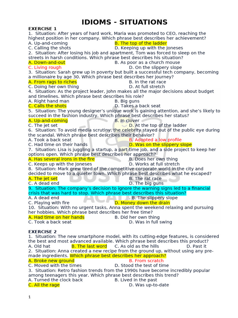 IDIOMS - Bài Tập Tình Huống - Part 2 - Handout | PDF