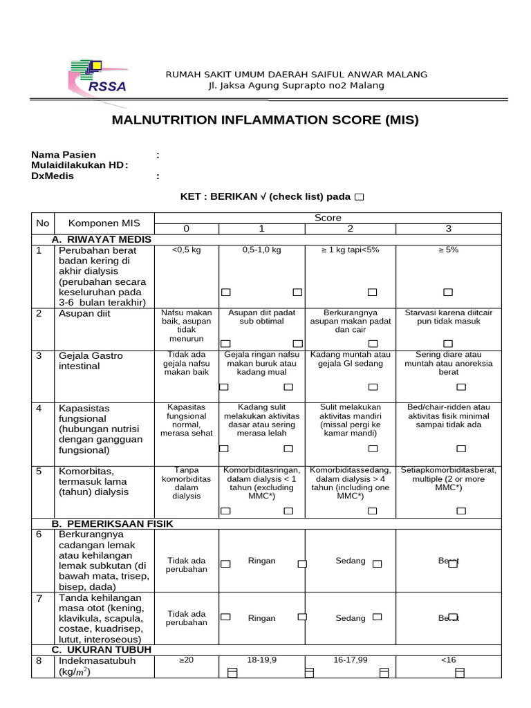Skor Malnutrisi dan Inflamasi (MIS) | PDF