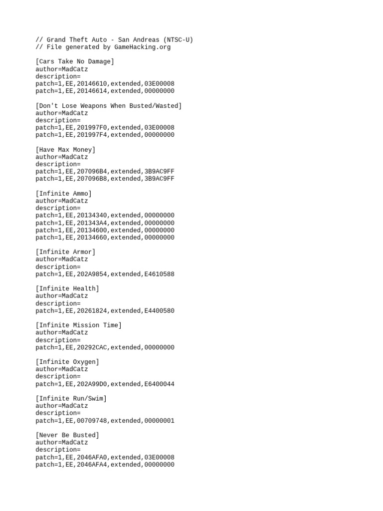 GTA San Andreas Cheat Codes Guide | PDF