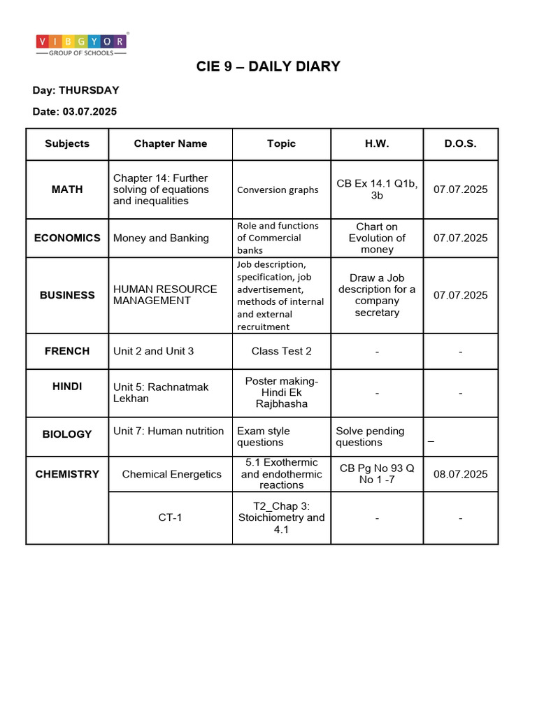 CIE 9 Daily Diary: Thursday Subjects | PDF