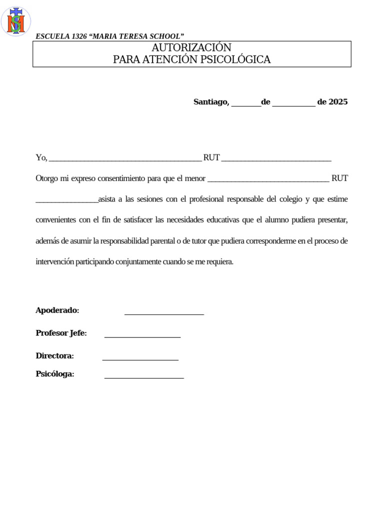 Autorización Para Atención Psicológica Pdf