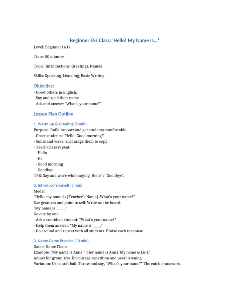 ESL Introductions Lesson Plan | PDF