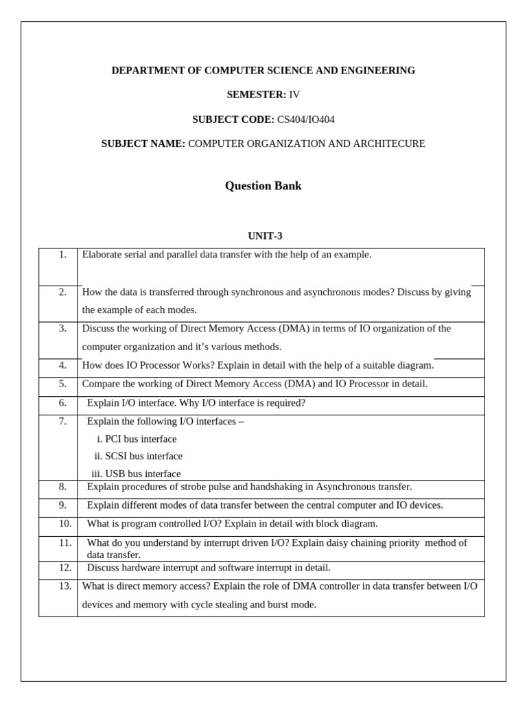 Question Bank COA UNIT III IV V | PDF | Cpu Cache | Input/Output