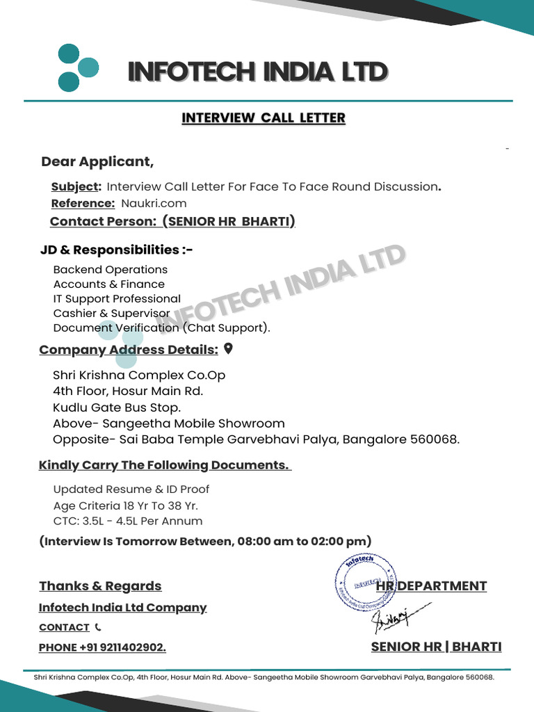 Interview Call Letter for Infotech India | PDF