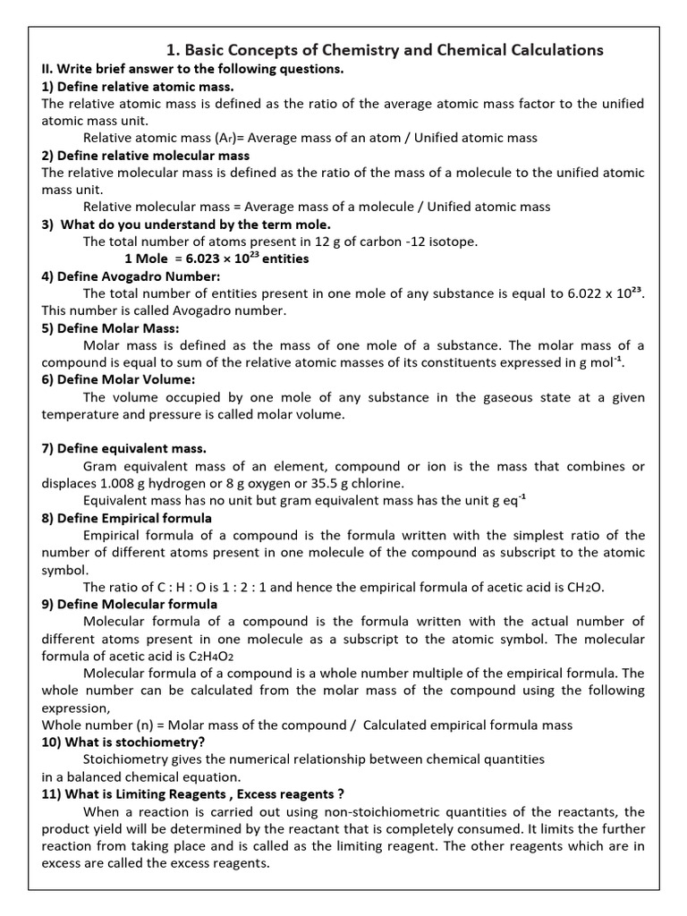 Xi Chemistry Lesson 1 To 8 Material | PDF | Mole (Unit) | Stoichiometry