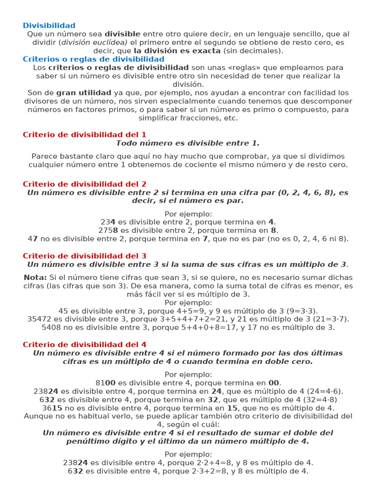 Criterios de Divisibilidad del 2 al 15 | PDF | División (Matemáticas ...
