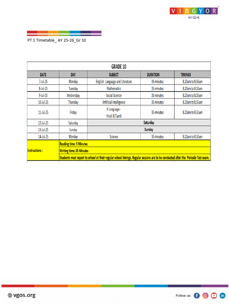 PT 1 Timetable - AY 25-26 - GR 10 | PDF