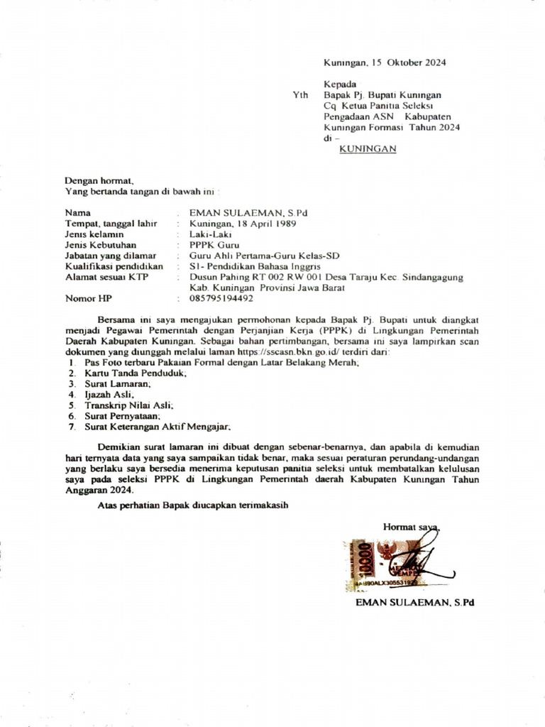 Surat Lamaran PPPK - Eman | PDF