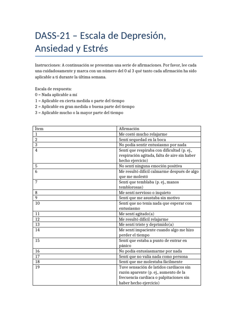 DASS-21: Evaluación de Estrés y Ansiedad | PDF | Ansiedad | Depresión ...