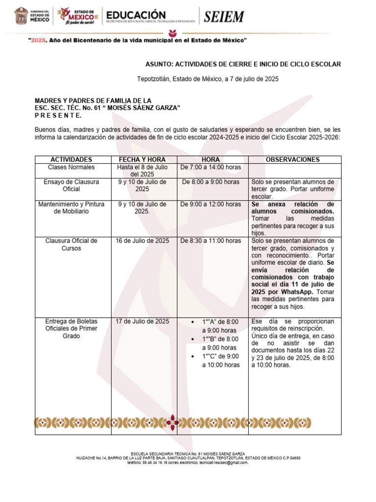 Calendario de Actividades Escolares 2025 | PDF