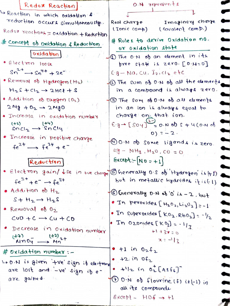 Printable Redox Reaction Short Notes | PDF