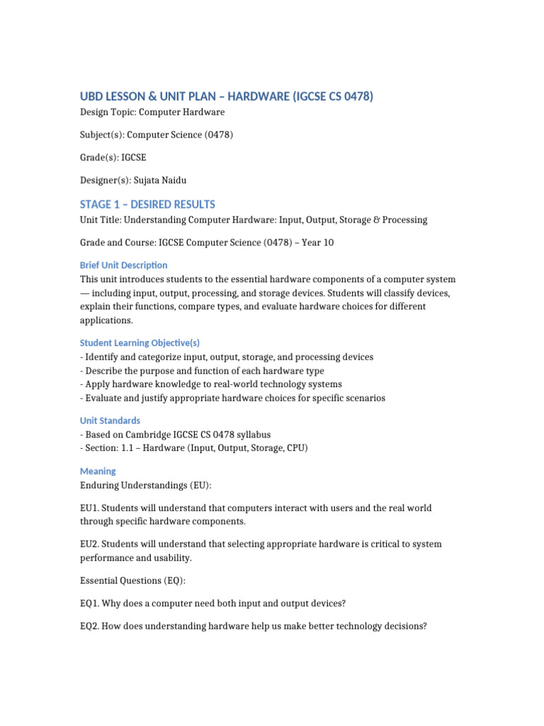 IGCSE Computer Hardware Lesson Plan | PDF | Educational Assessment ...