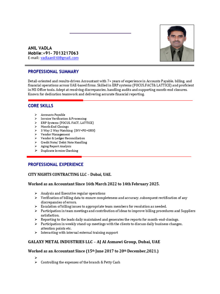 Accountant CV: Anil Vadla - UAE Experience | PDF | Accounts Payable ...