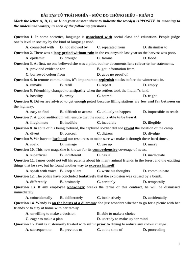 Opposite Words Exercises - Part 2 | PDF
