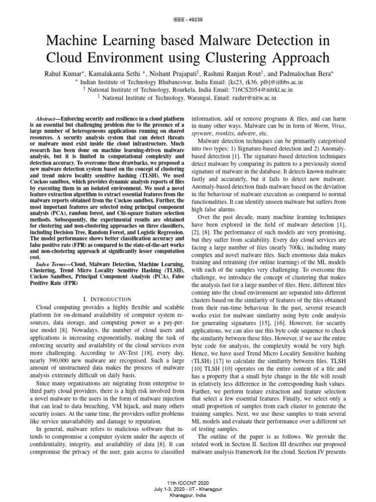 Machine Learning Based Malware Detection in Cloud Environment Using Clustering Approach | PDF ...