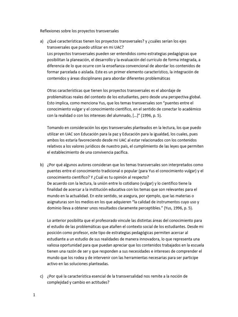 Reflexiones Sobre Los Proyectos Transversales | PDF | Maestros | Enseñando
