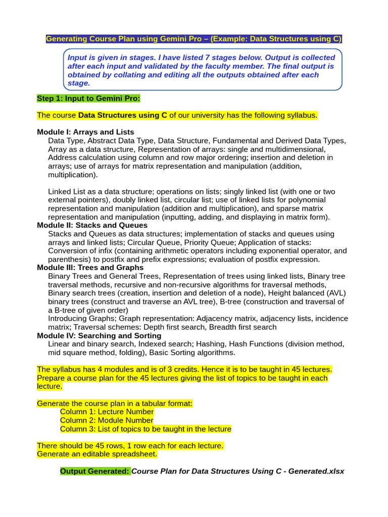 Input To and Output From Gemini Pro For Generating Course Plan in ...