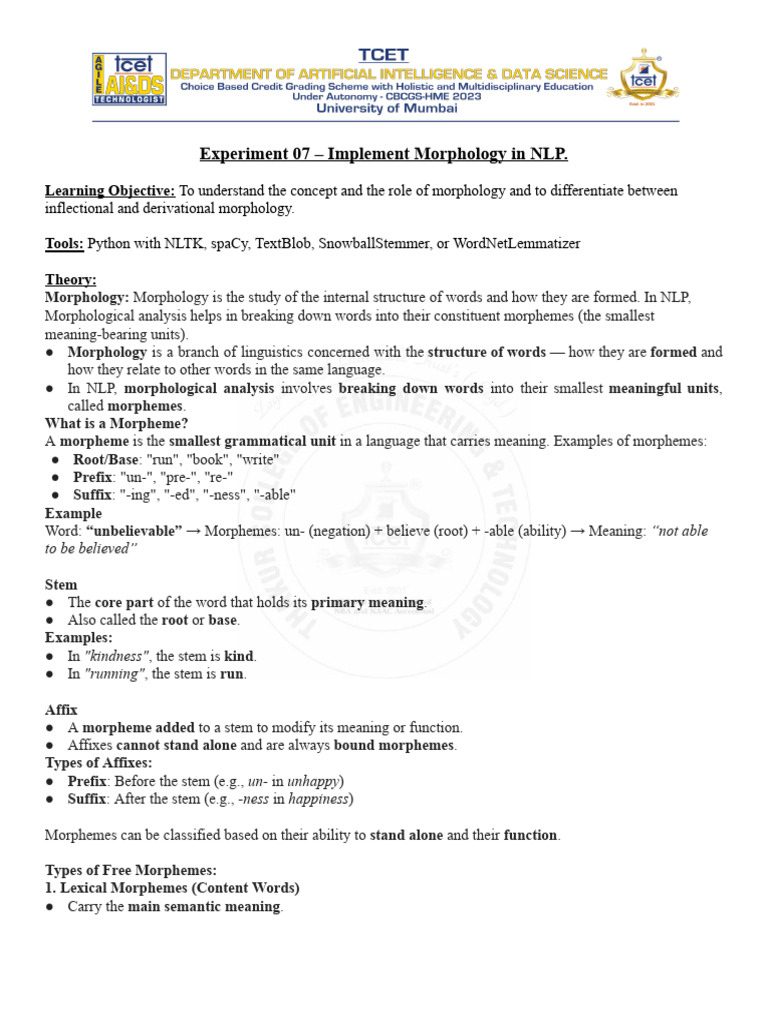 Exp 7 Morphology in NLP | PDF | Word | Morphology (Linguistics)