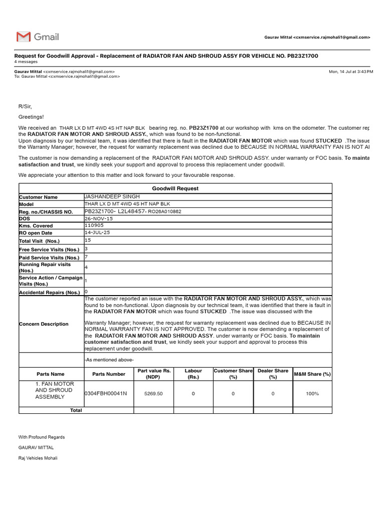 Request For Goodwill Approval - Replacement of RADIATOR FAN and SHROUD ...