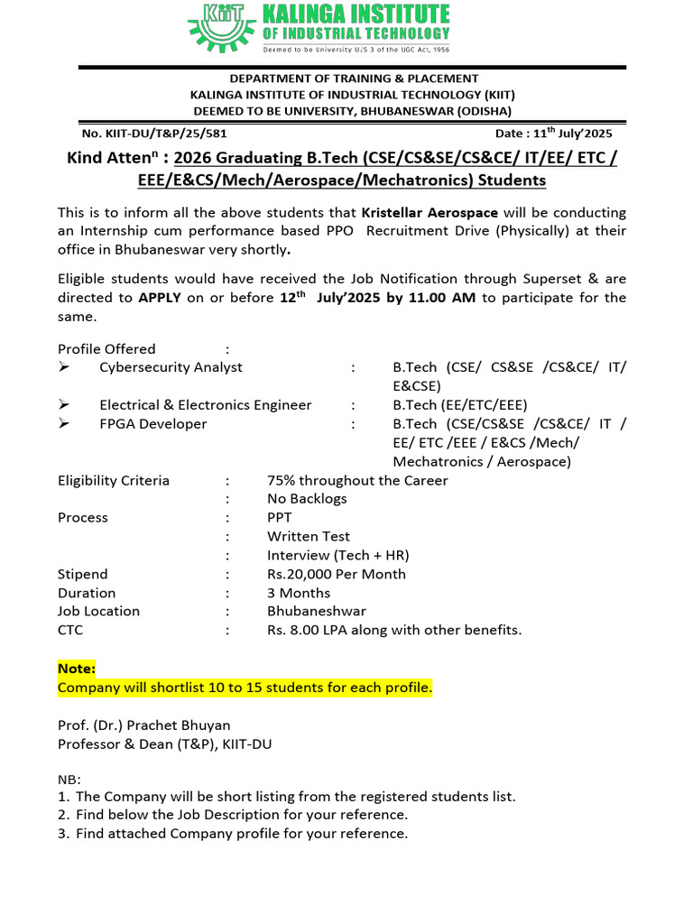Registration For Kristellar Aerospace Internship Cum PPO Recruitment Drive For 2026 Batch | PDF ...