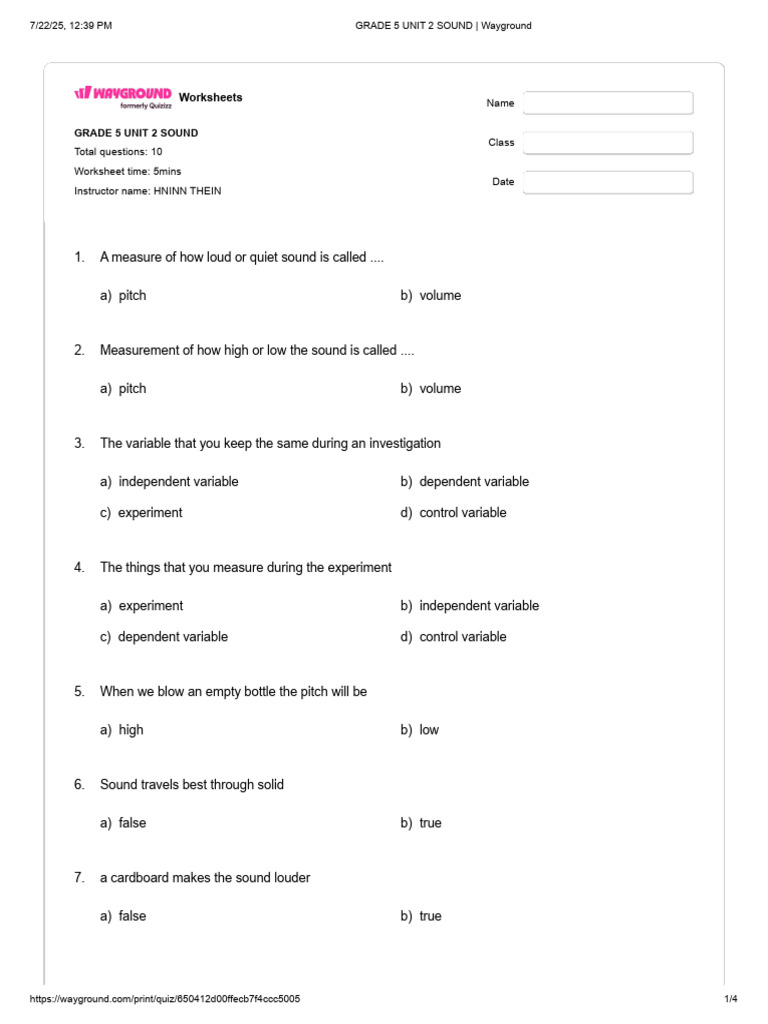 Grade 5 Sound Worksheet Answers | PDF | String Instruments | Pitch (Music)