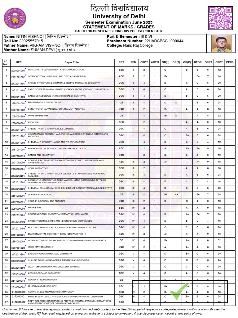 University of Delhi: Semester Examination June 2025 Statement of Marks ...