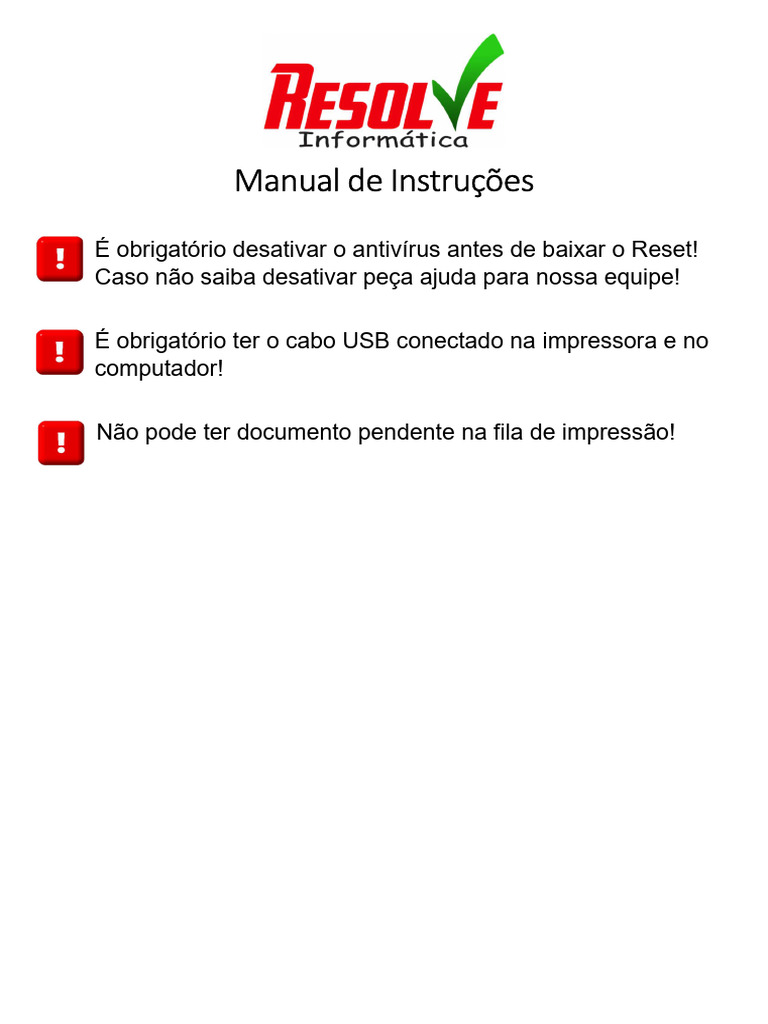 Manual de Instrucoes Reset Epson L1300 Resolve | PDF