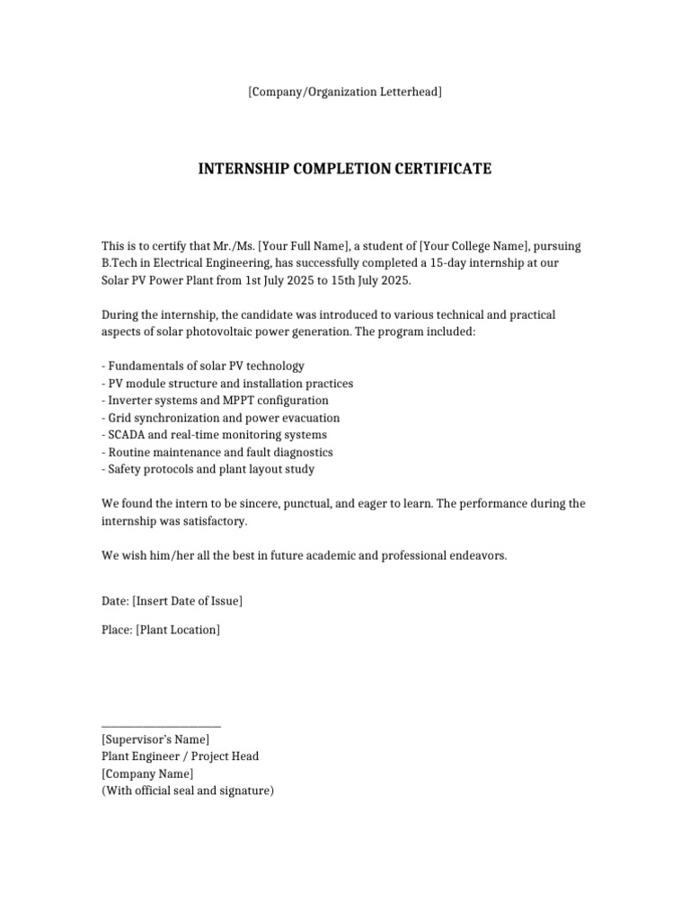 Solar PV Internship Certificate | PDF