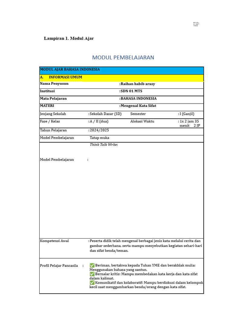 MODUL AJAR Mengenal Kata Sifat | PDF