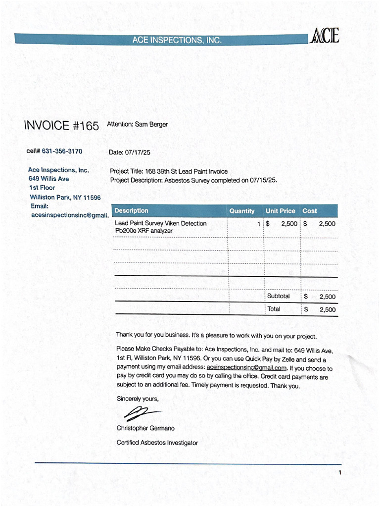 168 39th ST Brooklyn DA Lead Paint Invoice | PDF